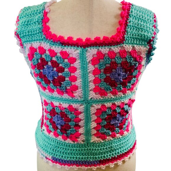 Handmade | Tops | Crochet Vest Tank Top Retro 7s Hippie Granny Square ...